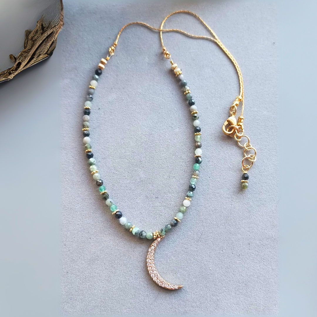 "Emerald Feminine Energy" Emerald & Crescent Moon Necklace- Artisan Ma – Crystal Joys