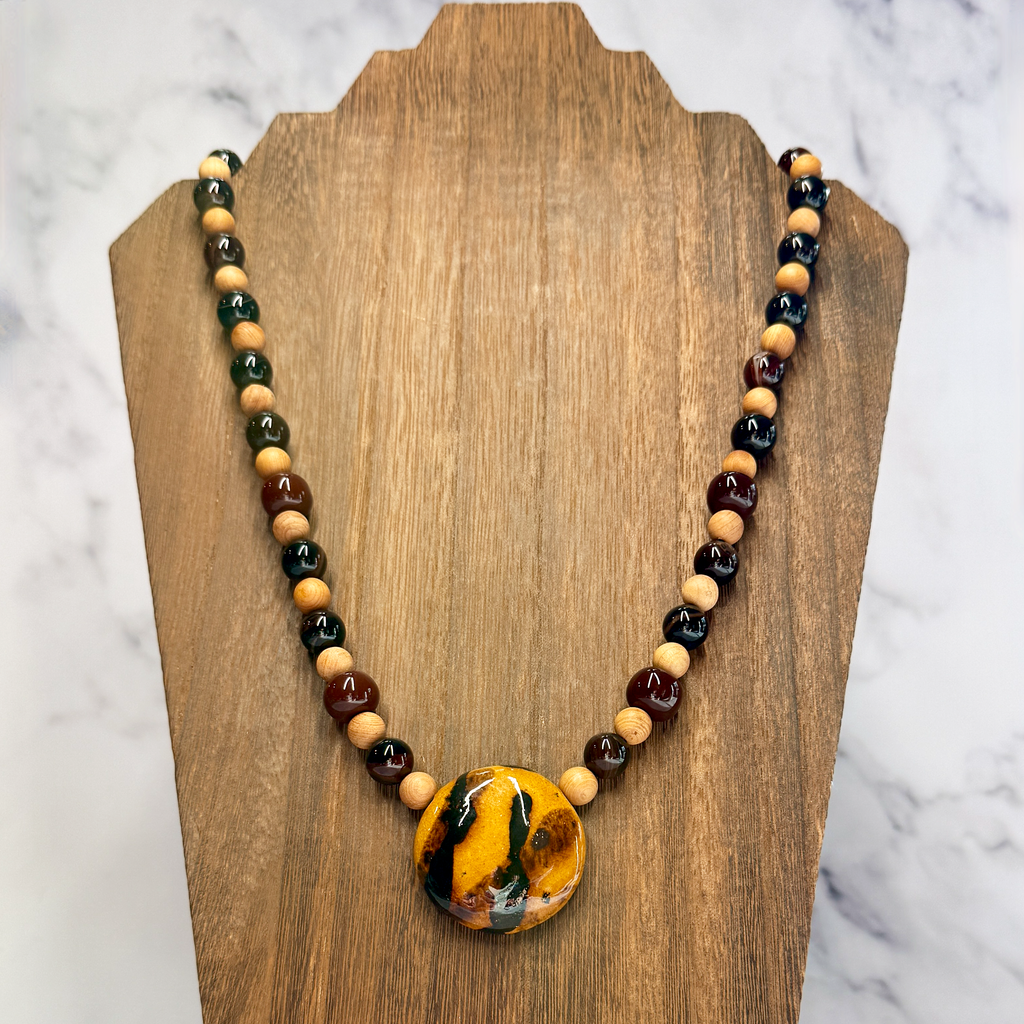 Fantasy Agate Sandalwood and Kazuri Bead Necklace Artisan Made