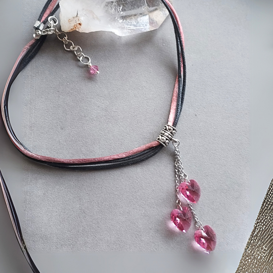 Floating Hearts Vintage Swarovski Crystal Hearts Leather Cord Necklace Artisan Made