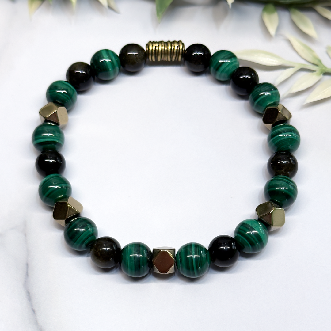 Malachite, Golden Obsidian & Pyrite Stretch Bracelet – Artisan Made ...