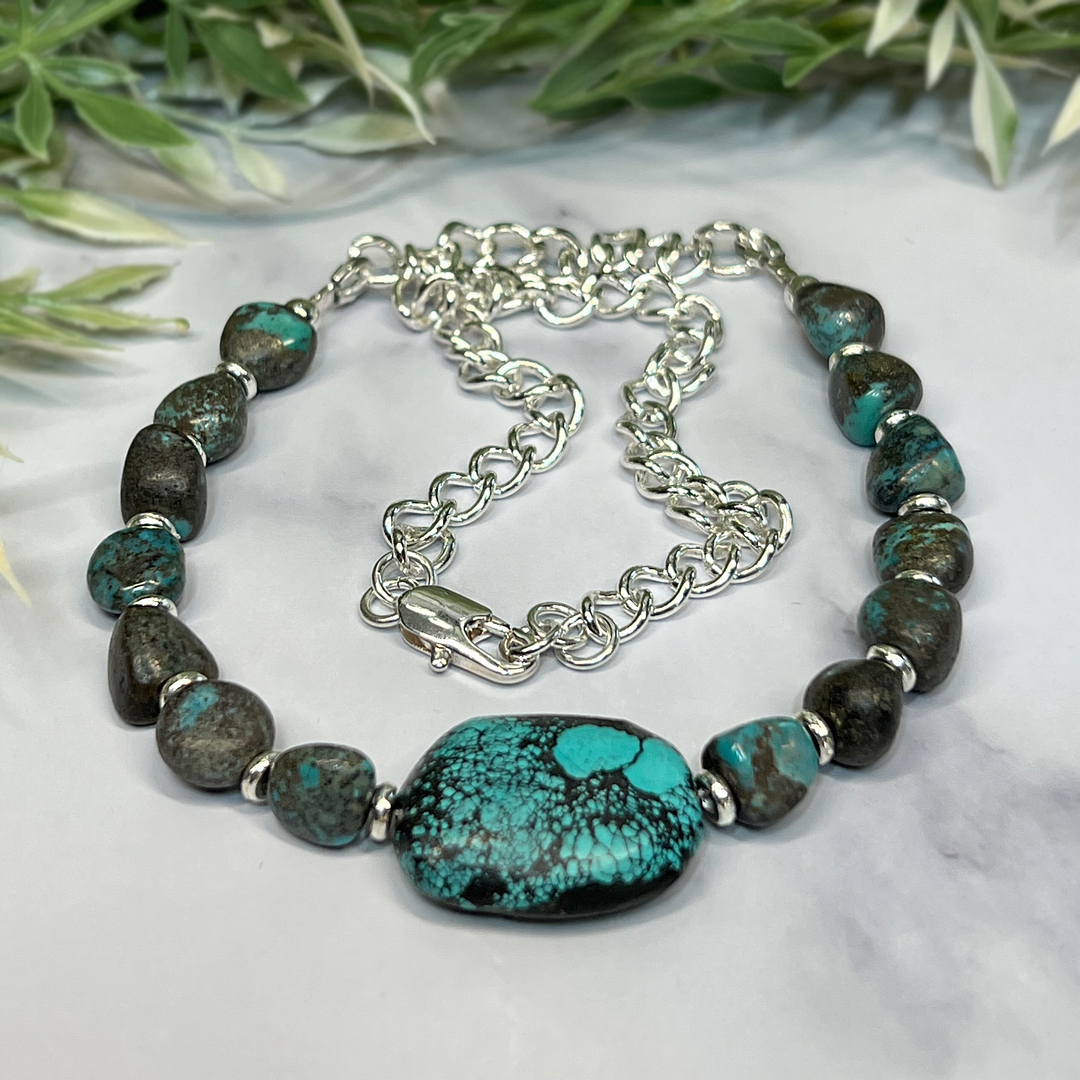 Turquoise Oval and Tumbled Stone Necklace Artisan Made