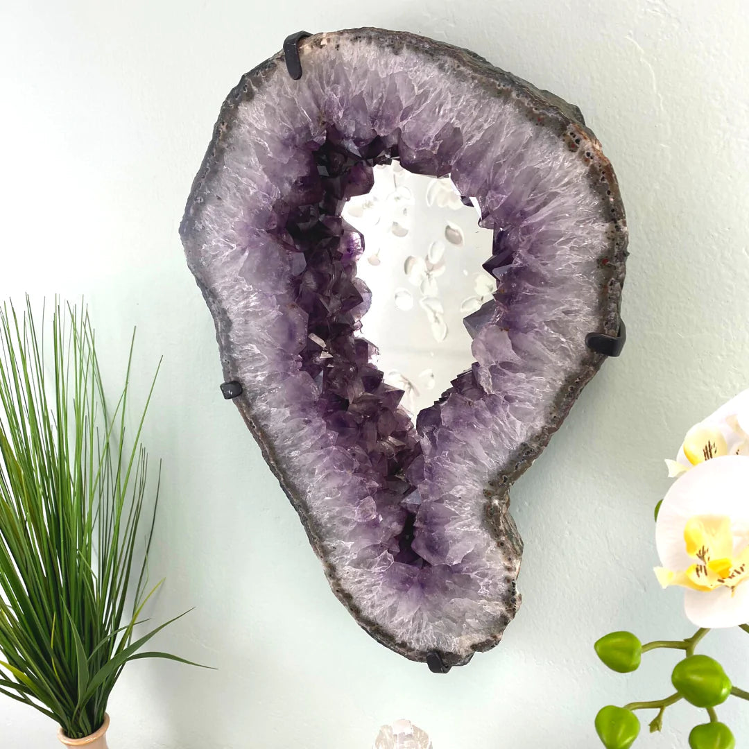 Amethyst Slice Mirror with Custom Iron Frame – Crystal Joys